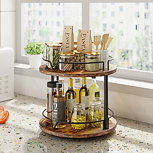 12" Wood Lazy Susan, Rotating Spice Rack, 2 Tier Spice Turntable Organizer, Industrial Turntable Spice Holder, for Kitchen Countertop and Cabinet, Compact and Versatile, Rustic Brown