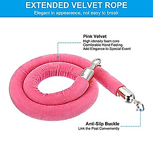 PATIKIL 5 Feet Pink Velvet Stanchion Rope, 2 Pack Crowd Control Barrier Rope with Snap Hooks for Posts Stand Queue Divider of Hotel Theater, Silver