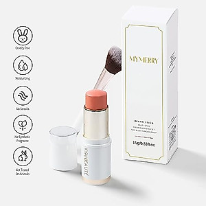 MYMERRY Blush Stick, Cream Blush for Cheeks and Lip Tint, Dewy Finish, Buildable & Blendable Color, Lightweight & Long-Lasting Formula | Tender-Peach & Angled Blush Brush（0.53fl.oz）