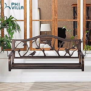 PHI VILLA Outdoor Metal Porch Swing, Outdoor Steel Hanging Swing Chair Patio Bench Swing with Sturdy Chains & Bird Pattern Backrest, 450lbs Weight Capacity for Porch, Deck-Bronze