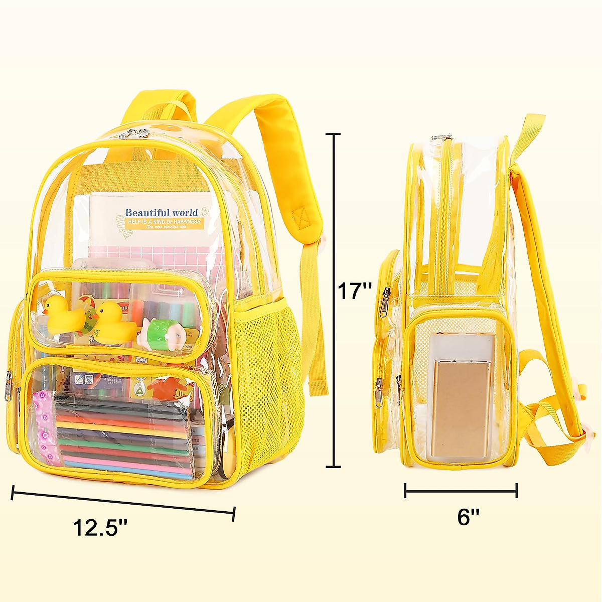 CAMTOP Clear Backpack Heavy Duty PVC Transparent Bag See Through BookBag for Student School Work Festival Sport Travel(17 Inch,Yellow)