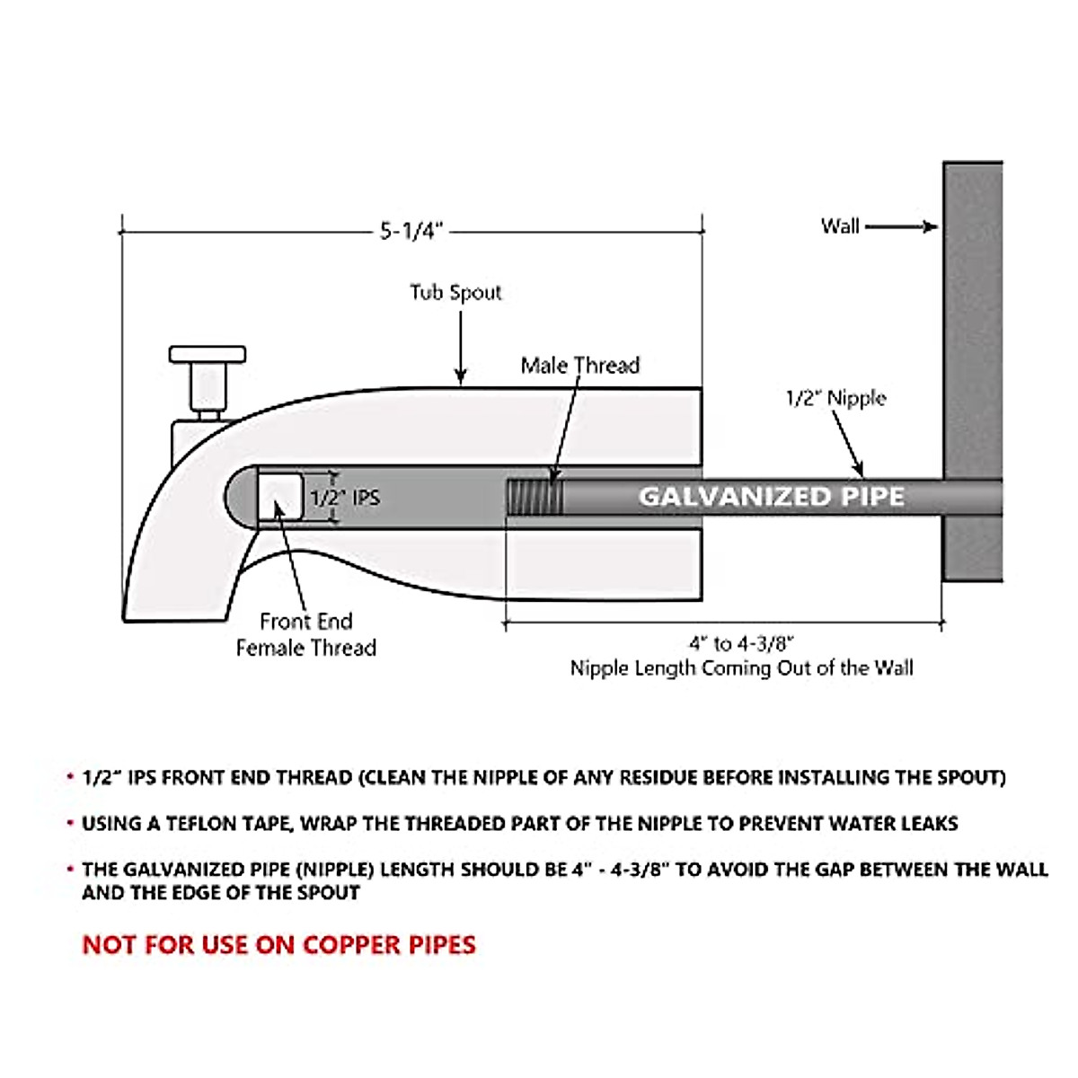 Tub Spout with Front Diverter, 1/2 inch IPS Female Front End Thread, 5-1/4 inch Overall Length, for 4 inch to 4-3/8 inch Length Galvanized Pipe Nipple, Polished Chrome Finish