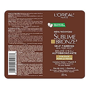 L'Oreal Paris Sublime Bronze Self Tanning Facial Mist, Water-Based Formula, Coconut Water & Vitamin E, 3 fl. Oz