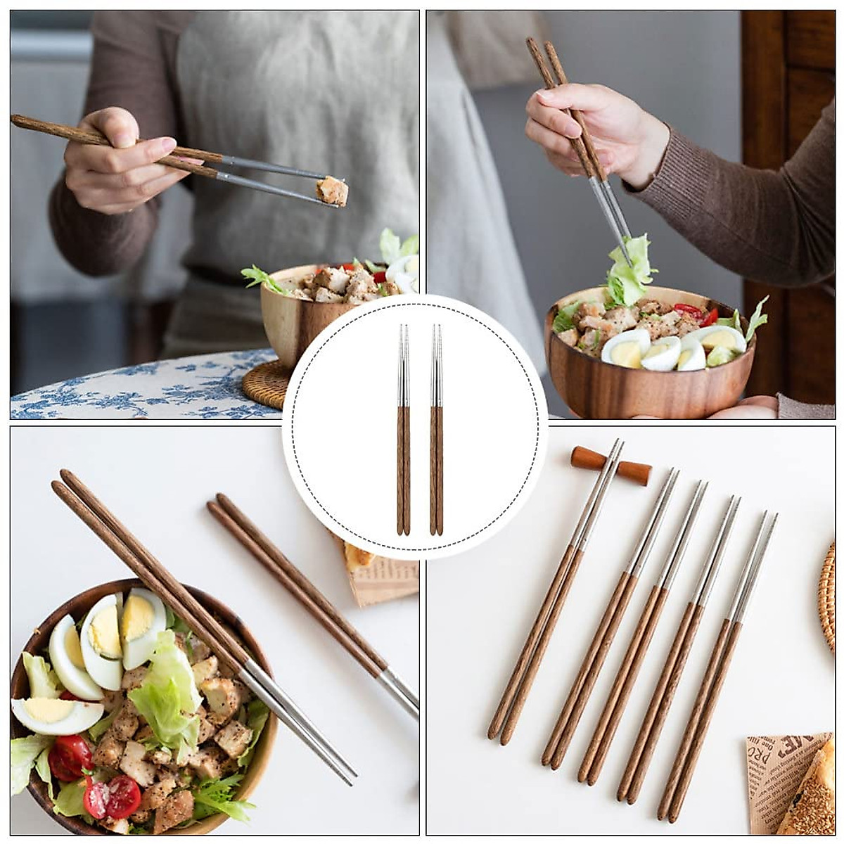 Reusable Metal Stainless Steel Chopsticks: 2 Pairs Long Cooking Chopsticks with Wooden Handle Japanese Type Sashimi Chopsticks for Home Restaurant