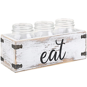 MyGift Shabby Whitewashed Wood Silverware Organizer Holder Set Includes 3 Mason Jars and Display Box with"eat" Cursive Writing Label
