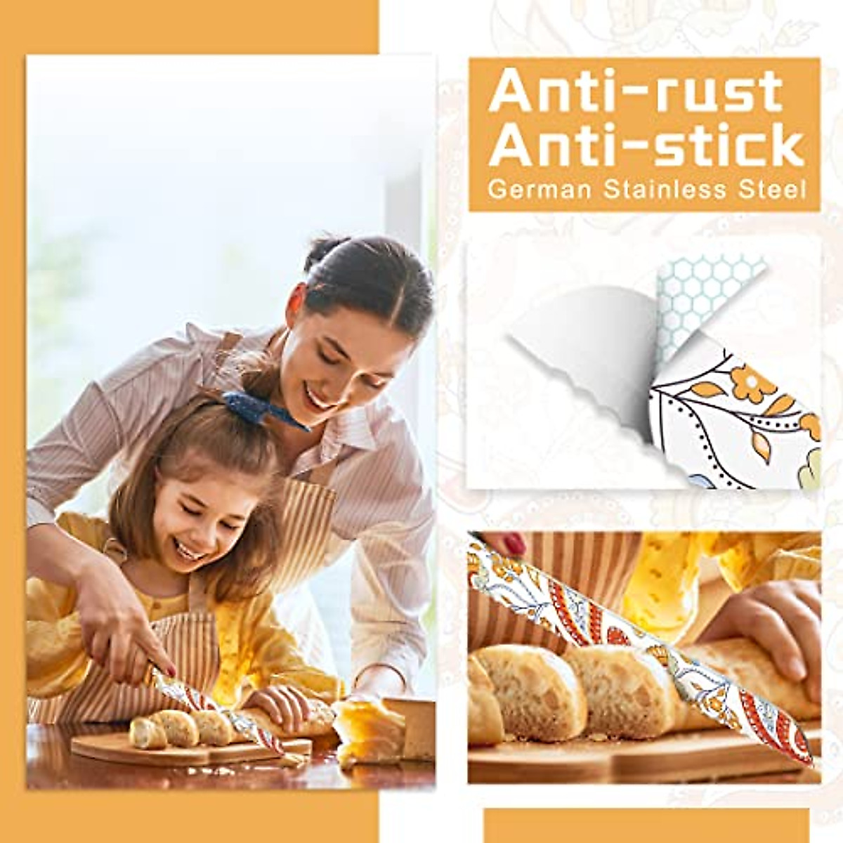 Astercook Knife Set, Paisley Pattern Kitchen Knife Set with Cover, Dishwasher Safe Colorful Knives with 6 Knife Sheath, German Stainless Steel Rainbow Knife Set