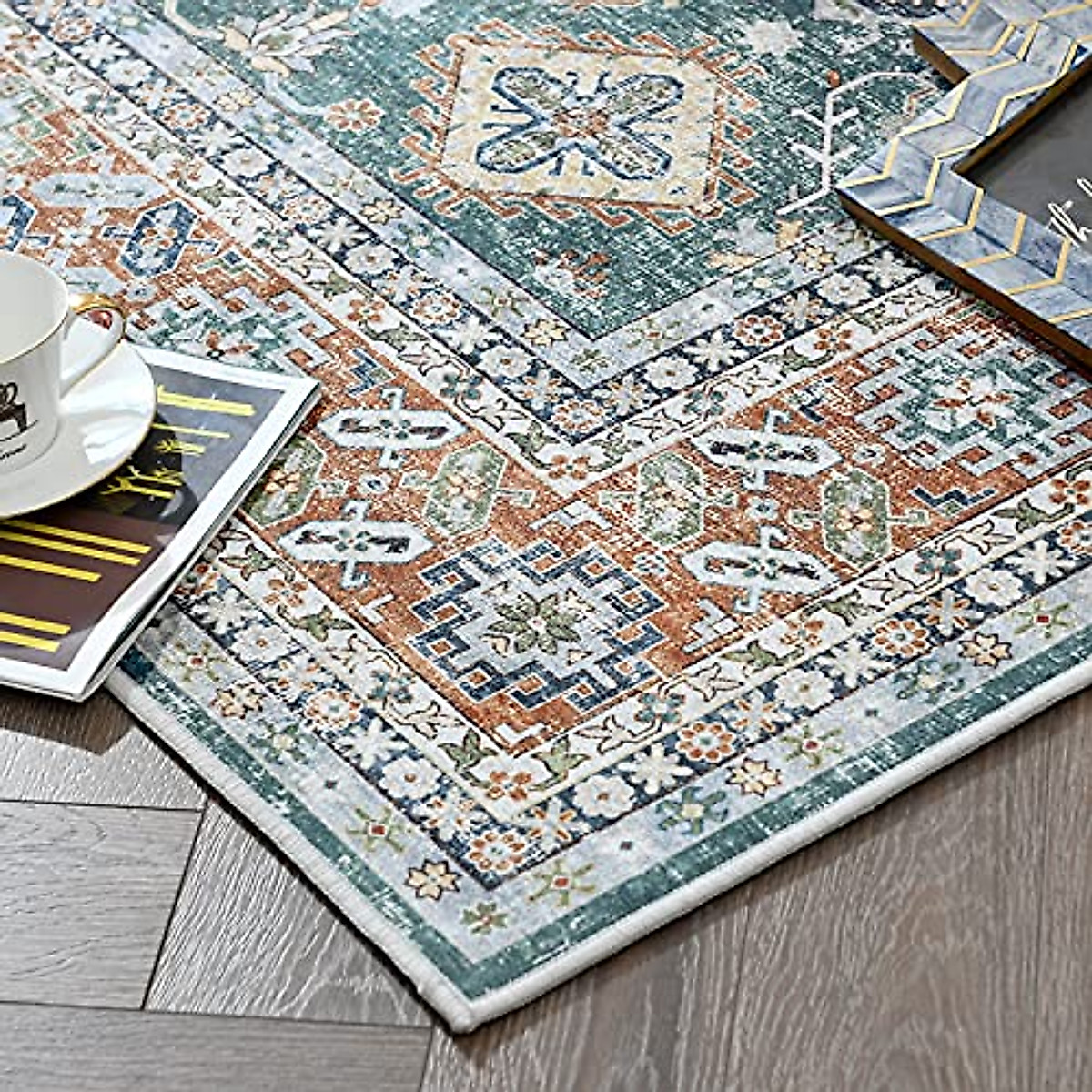 jinchan Area Rug 4x6 Persian Rug Vintage Indoor Carpet Kilim Thin Rug Turquoise Brick Red Multi Overdyed Retro Accent Rug for Kitchen Bathroom Living Room Bedroom Office Dining Room