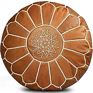 MARRAKESH STYLE Comfortable Leather Ottoman Pouf - Handmade Unstuffed Moroccan Pouf Cover - Round Pouf & Foot Rest Ottoman - Perfect for Living Rooms Bedrooms & Kids Room - Brown