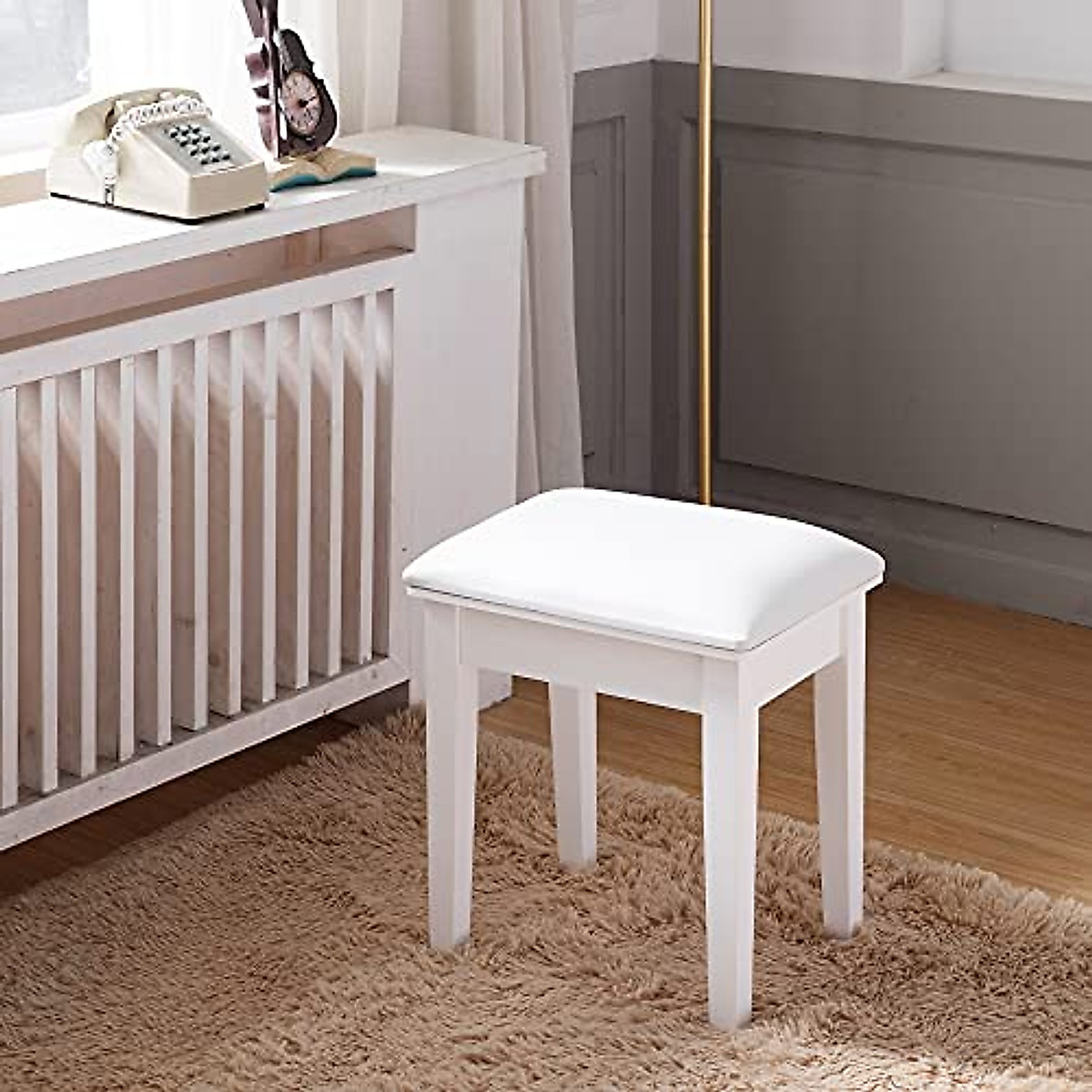 Organizedlife Vanity Stool Wood Dressing PU Padded Chair Makeup Piano Seat Make Up Bench for Dressing Solid Wood Legs,White