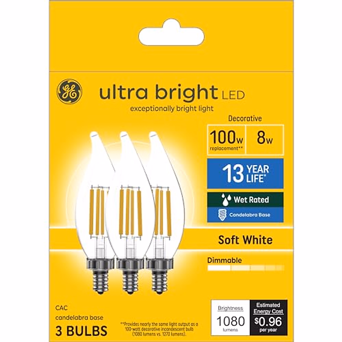 GE Ultra Bright LED Light Bulbs, 100W, Soft White Candle Lights, Clear Decorative CA12 Light Bulbs, Candelabara Base, 3 count (Pack of 1)
