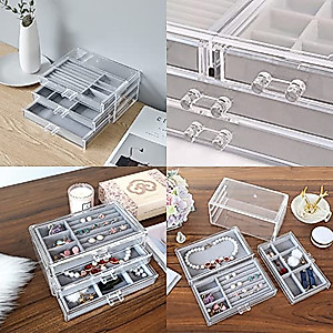 Acrylic Jewelry Organizer Box, Velvet Jewellry Clear Display Case, 3 Drawers Stackable Ring Earring Necklace Bracelet Display Storage for Women Girls Kids Gift