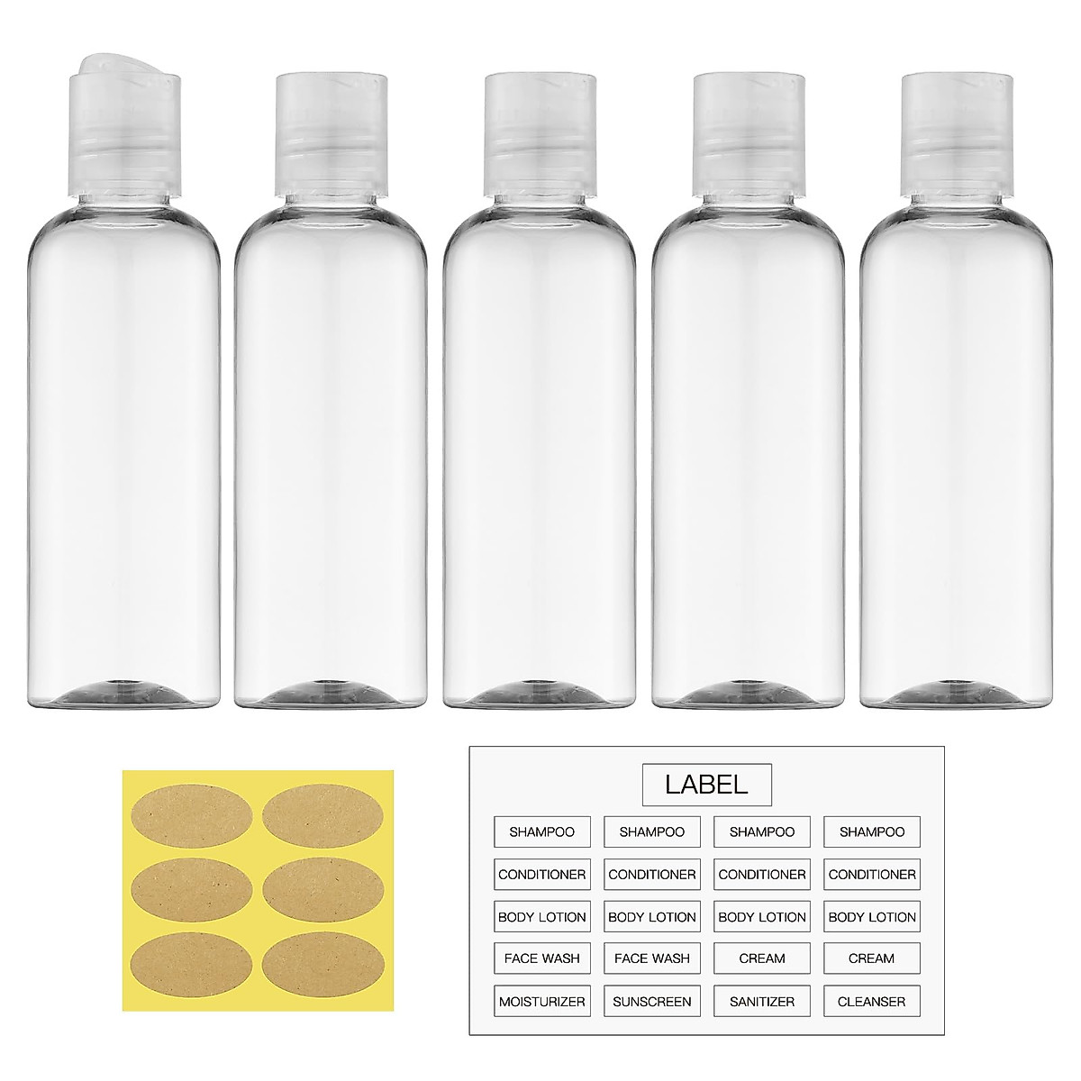 owlyee 3.4 oz Travel Bottles for Toiletries, Empty Travel Size Containers Tsa Approved, 5PCS Small Plastic Shampoo Bottles with Labels (100ml, All Clear)
