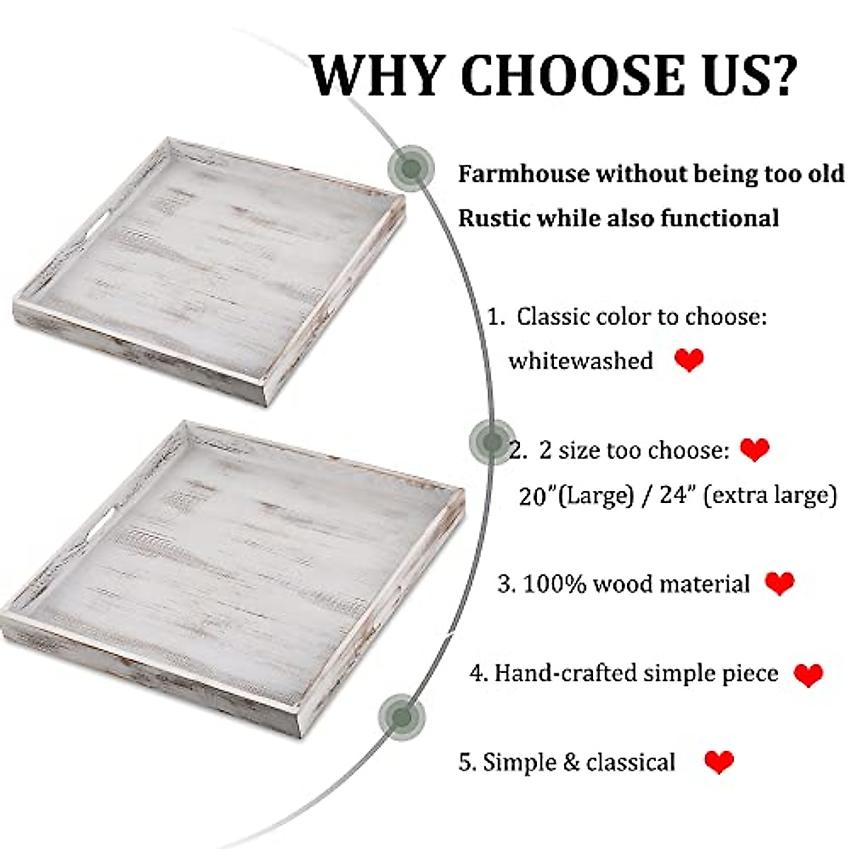 Hanobe Square Large Ottoman Tray: Extra Large Serving Tray with Handles Rustic Wood Whitewash Decorative Coffee Table Trays Farmhouse Home Decor for Living Room Kitchen Counter 24" x 24"