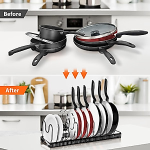 AHNR Expandable Pot and Pan Organizers Rack, 10+ Pans and Pots Lid Organizer Rack Holder, Kitchen Cabinet Pantry Bakeware Organizer Rack Holder with 10 Adjustable Compartments (Black)