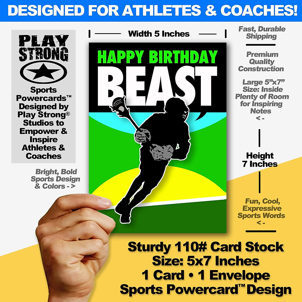 Play Strong Lacrosse Beast Birthday Card 1-Pack (5x7) Lacrosse Sports Birthday Cards Greeting Cards - Awesome for Lacrosse Players, Coaches and Fans Birthdays, Gifts and Parties!