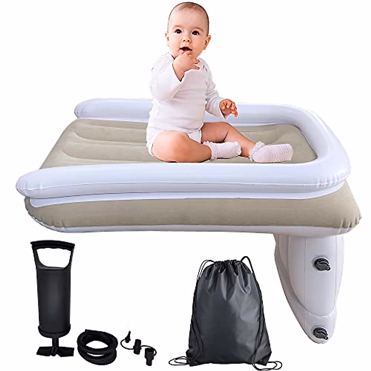 LUCKLYJONE Inflatable Toddler Travel Bed, Kids Airplane Bed, Travel Foot Rest Pillow for Toddler Included Inflatable Travel Bed, Manual Inflatable Pump, Travel Bag