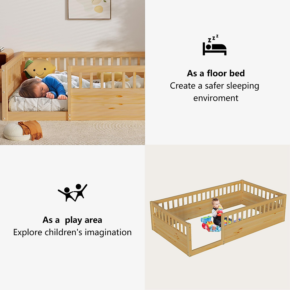 Bocarali Twin Size Montessori Floor Bed, Wood Floor Bed with High Fence, Twin Montessori Bed Frame for Kids Boys Girls, Natural, 78.5" L x 41.4" W x 19.6" H