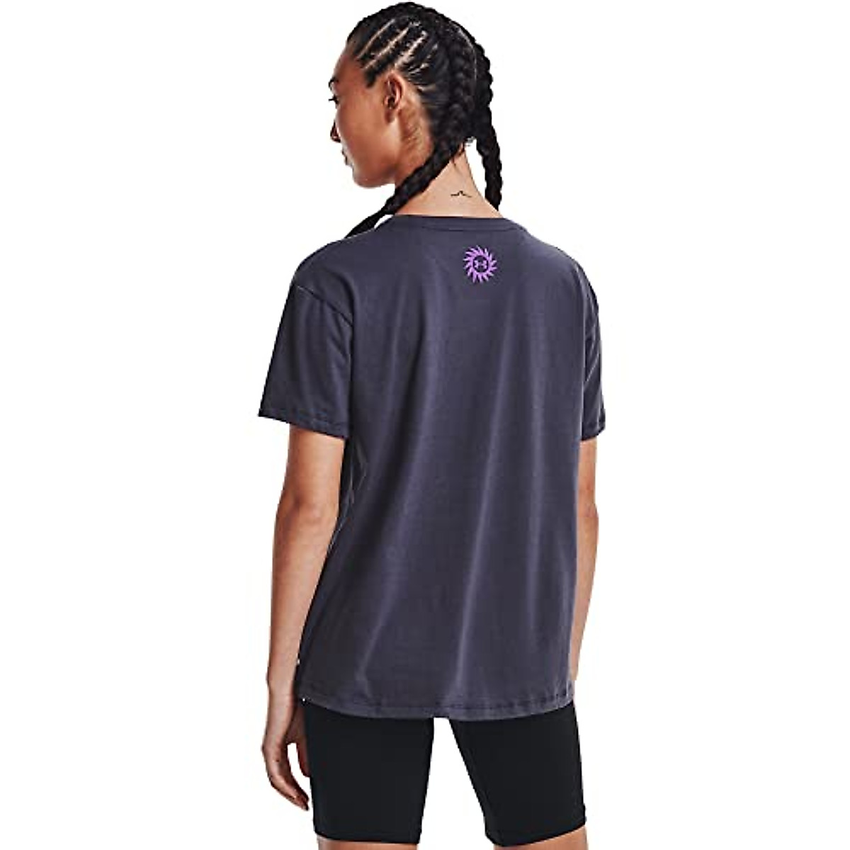 Under Armour Women's Standard Grovey Wordmark Short Sleeve T-Shirt, (558) Tempered Steel / / Lunar Purple, Large