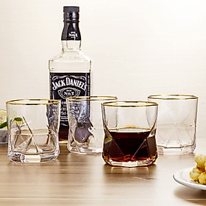 MyGift Set of 4 Clear Glass Old Fashioned Whiskey Tumblers with Prismatic Geometric Shape Design and Gold Rim - 11 oz