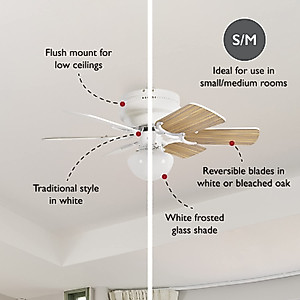 Design House 157321 Atrium 30-Inch Traditional Indoor Hugger/Low Profile Mount Ceiling Fan with Light Kit, Reversible Blades, White