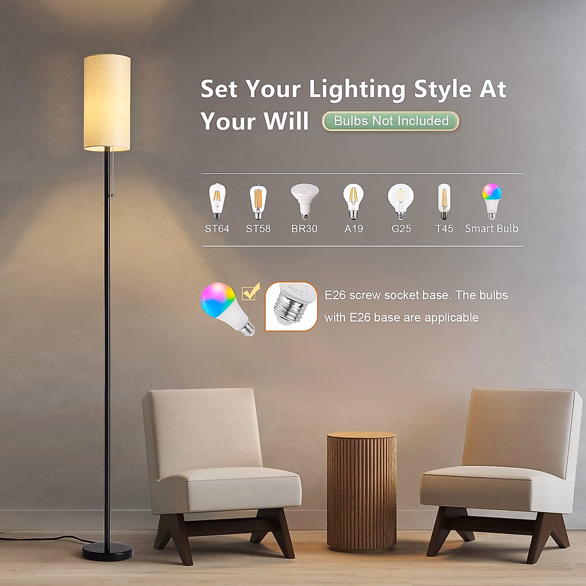 Floor Lamps for Living Room, Modern Floor Lamp for Bedroom with Sturdy Marble Base, Simple Design Standing Lamp Stand Up Lamp for Living Room, Kids Room, Office, E26 Socket Base(Bulb Not Included)
