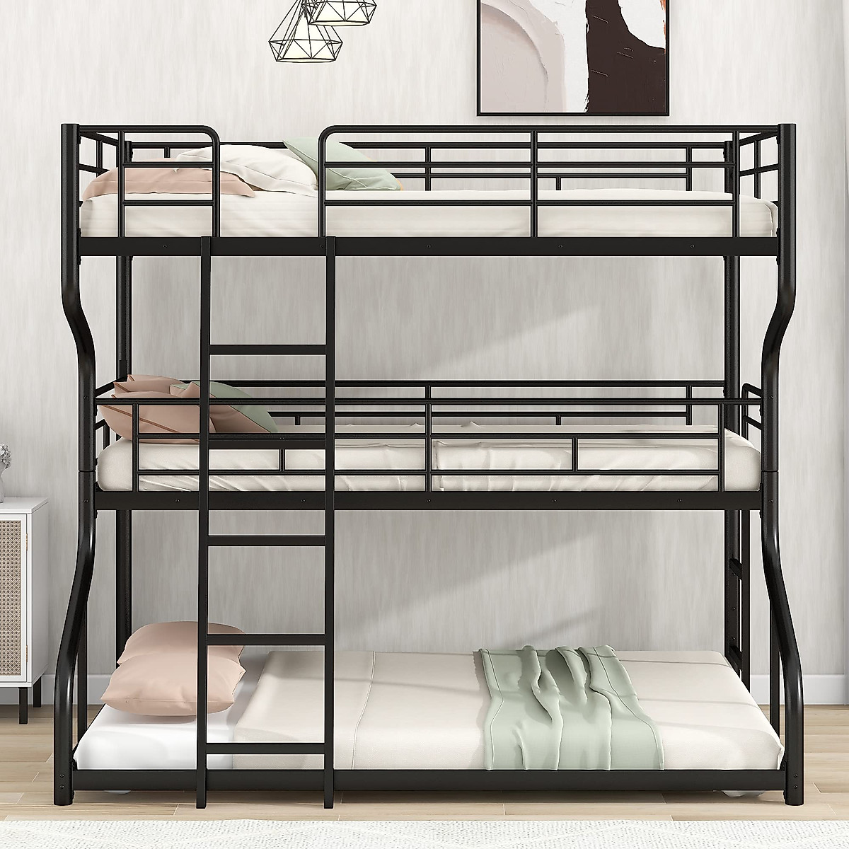 Triple Bunk Bed Full XL Over Twin Queen Metal Heavy-Duty 3 Beds Frame for Multi-Kids Boys Girls Teens Adults, Black