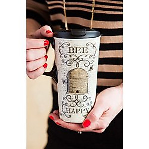 Cypress Home Inspirational Travel Mug, Bee Happy 17 OZ Ceramic Cup - 4 x 5 x 7 Inches Insulated Coffee Tea Mug