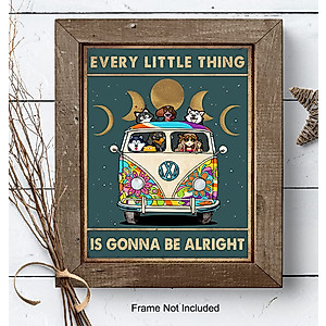 Flower Child Hippie Wall Art - Cute Positive Saying Wall Art - Retro Inspiration Gift for Woman - 60's Hippie Room Decor - Boho-chic hippie bus Poster - Every Little Thing Is Gonna Be Alright 8x10
