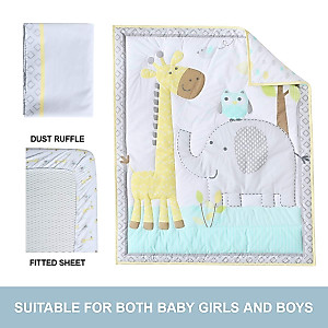 SpringBaby Crib Bedding Set for boy Girl, 3-Piece Cotton Baby Bedding Set, Portable Standard Crib Bedding Set Neutral, Woodland Deer Elephant Crib Bedding Set, Yellow/Grey/Teal