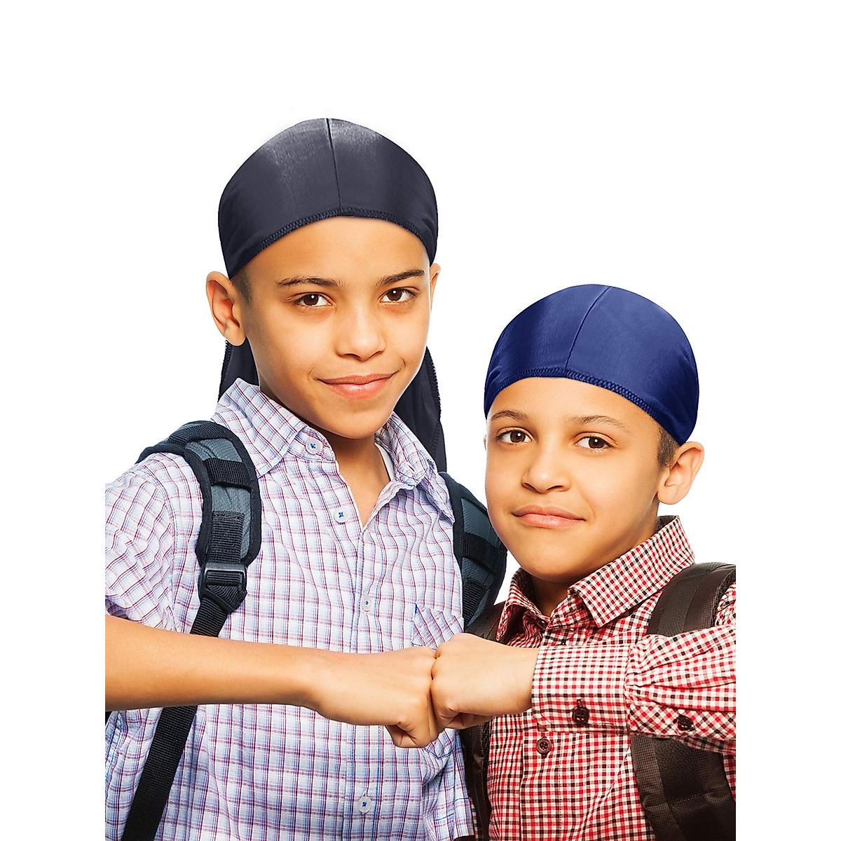 4 Pieces Kids Silky Durag with Wave Caps Set Unisex Baby Durags Long Tail and Wide Strap Headwraps Turban Beanies (Black, Navy Blue)