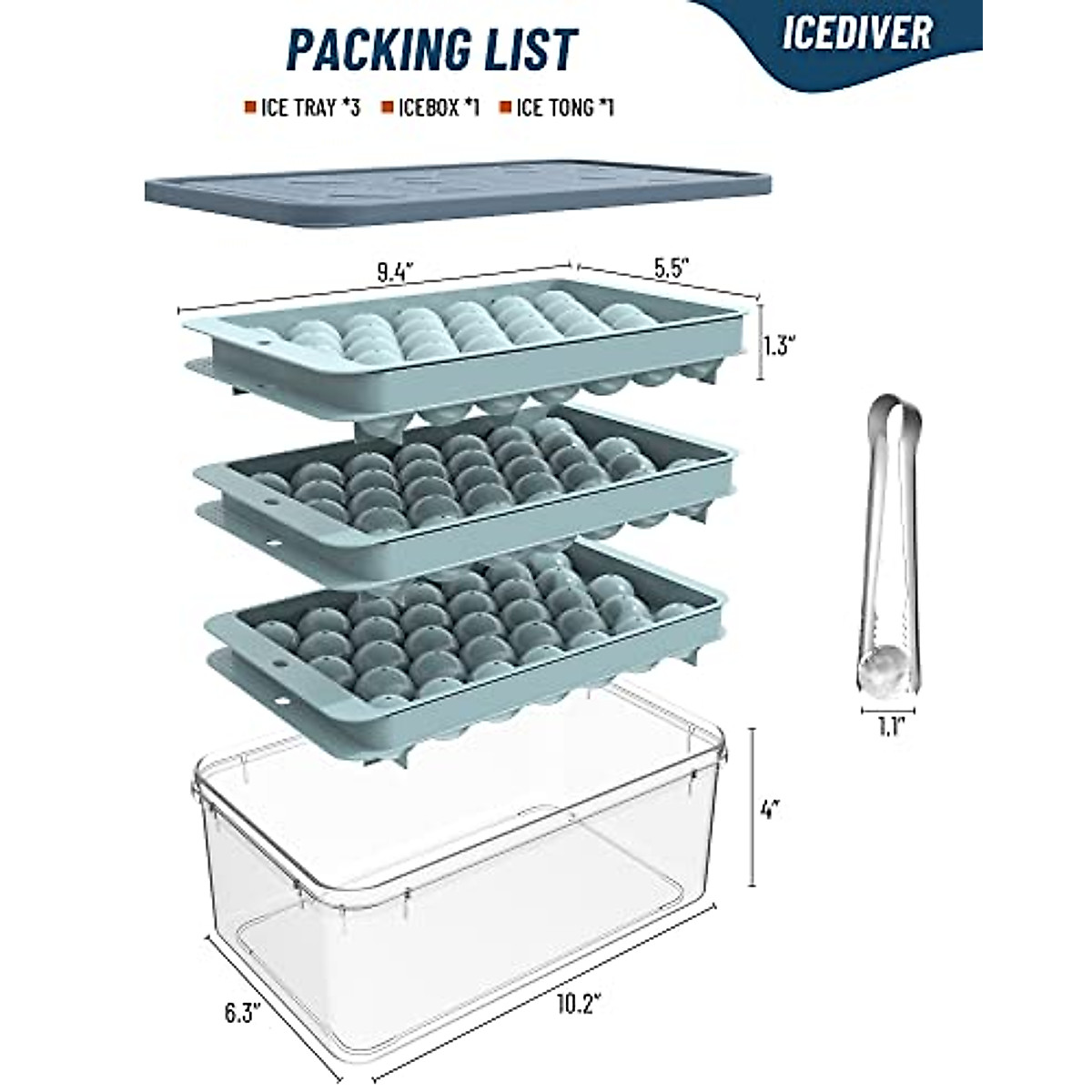 Icediver Ice Cube Tray, Circle Ball Ice Trays for Freezer with Lid & Bin, Sphere Ice Cube Mold Making 99 x 1.0IN Small Round Ice Cubes(Updated Blue Ice Trays, 1 Ice Bucket & Tongs)