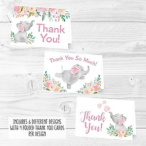 Hadley Designs 24 Pink Floral Elephant Baby Shower Thank You Cards With Envelopes, Kids Thank You Note, Vintage Animal 4x6 Varied Gratitude Card Pack For Party, Modern Event Stationery