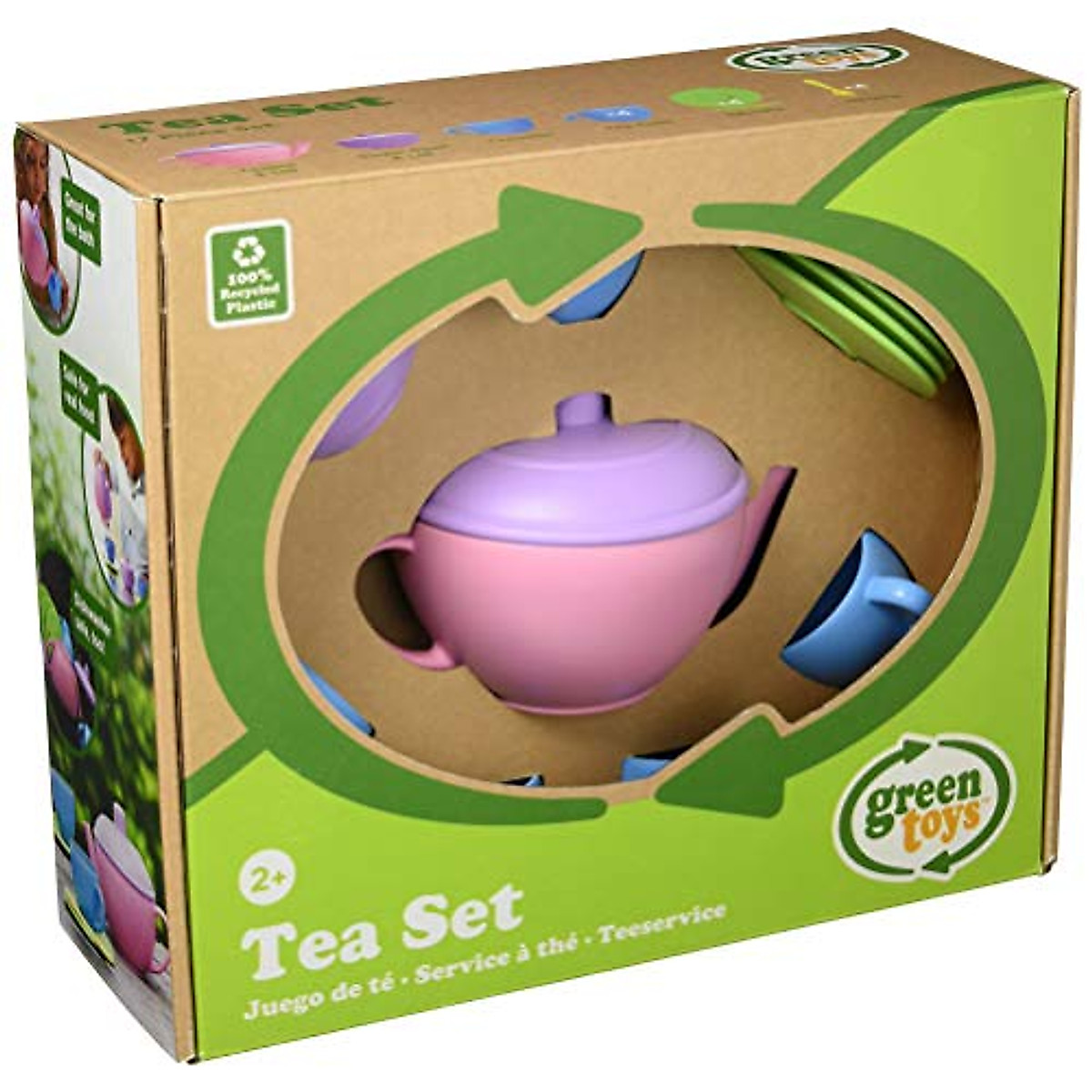 Green Toys Tea Set, Pink 4C - 17 Piece Pretend Play, Motor Skills, Language & Communication Kids Role Play Toy. No BPA, phthalates, PVC. Dishwasher Safe, Recycled Plastic, Made in USA.