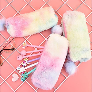 Plush Rainbow Pencil Case for Girls Fluffy Pencil Case Cute Rainbow Pencil Holder Soft Pencil Case Fluffy Pencil Bag Makeup Pouch Colored Storage Bags Large Capacity School Supplies for Kids