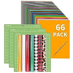HTVRONT HTV Heat Transfer Vinyl Bundle: 66 Pack 12 x 10 Iron On Vinyl for T-Shirt,37pcs Assorted Colors HTV Vinyl with Tweezer,3 Pack Standard Grip Cutting Mat for Cricut Explore Air2/Air/One/Maker