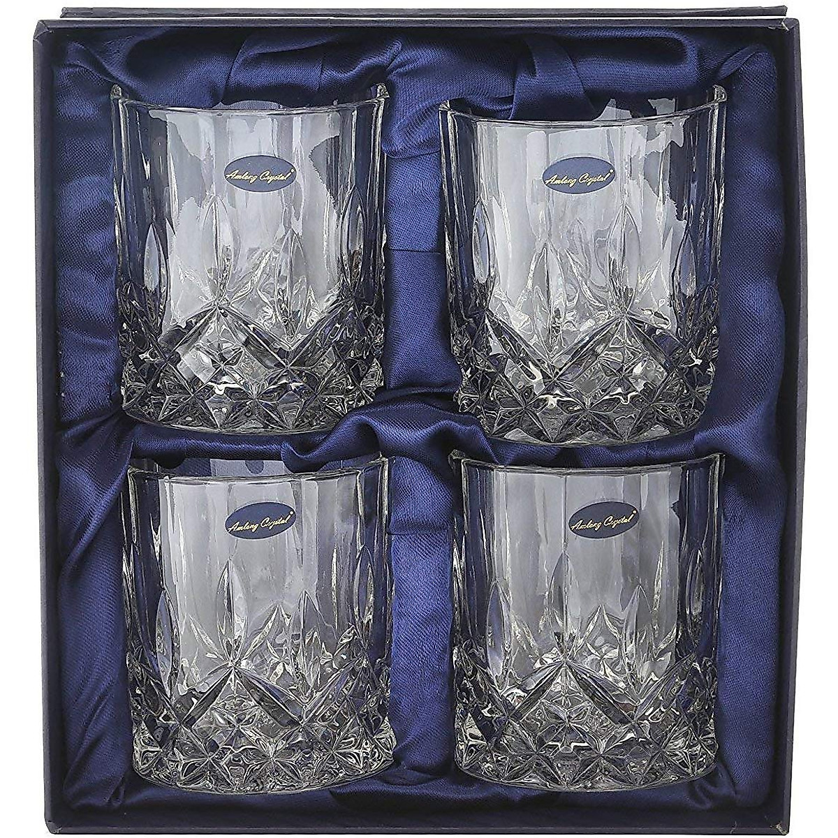 Amlong Crystal Lead-Free Double Old Fashioned Crystal Whiskey Glass - Classic Stylish Design – Perfect for Scotch, Bourbon, Cognac and Cocktail Glasses, 9 oz., Set of 4 With Gift Box