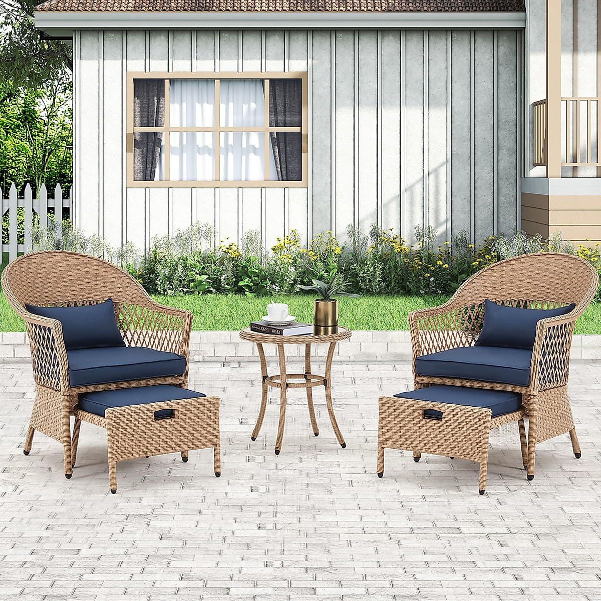 ECOTOUGE 5-Piece Patio Furniture Set, Outdoor Wicker Conversation Bistro Set with Glass Tempered Coffee Table, 2 Rattan Curved Armchairs, 2 Footrests for Porch, Backyard, Balcony, Blue