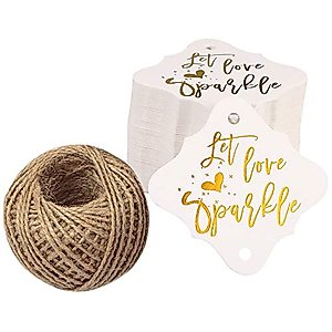 Let Love Sparkle Tags, 100PCS Kraft Paper Gift Tags with Natural Jute Twine Perfect for Valentine's Day, Baby Shower, Wedding Party Favor (Gold)