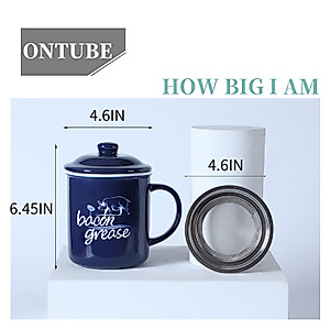 ONTUBE Ceramic Bacon Grease Container with Strainer, Cooking Oil Storage Can Grease Keeper for Kitchen, Navy