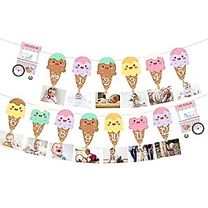Ice Cream Monthly Photo Banner - Ice Cream 1st Birthday Monthly Banner Baby Girl 12 Month Photo Display Milestone Photograph Bunting Garland for Ice Cream First Birthday Party,Sweet One Summer Party