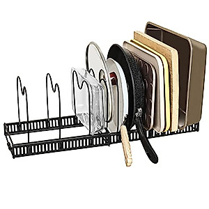 Mlesi Expandable Pot and Pan Organizer Rack, 12+ Pot Lid Organizer Holder, Bakeware Adjustable Rack, Kitchen Cabinet Organizer for Bakeware Cutting Boards, Black
