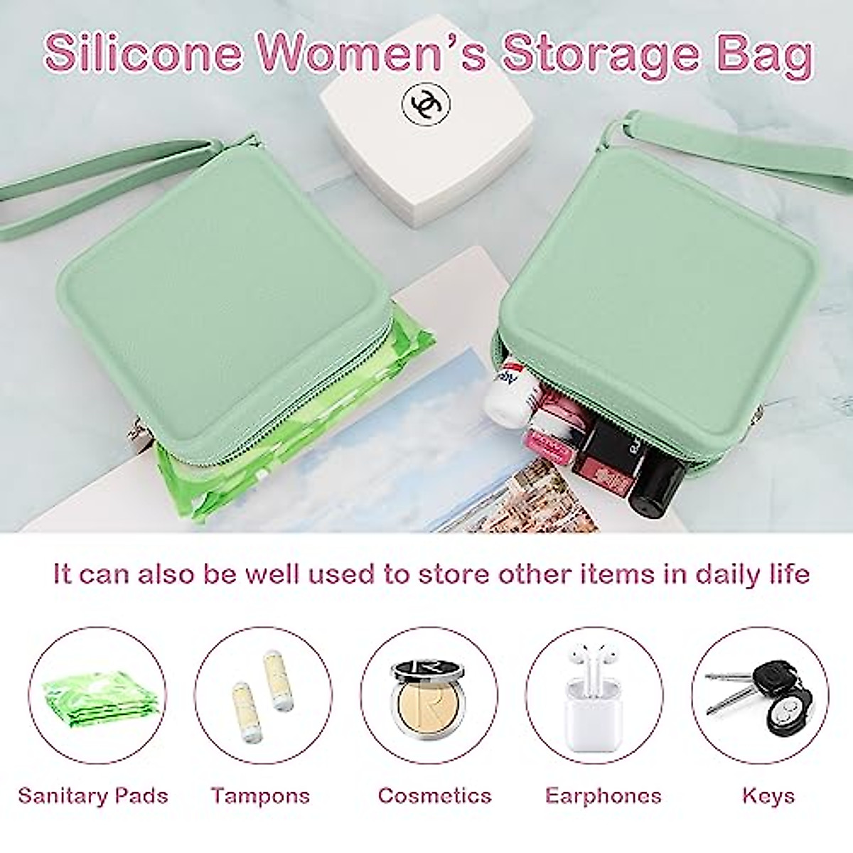 Desing Wish Silicone Period Bag with Wrist Strap, Portable Sanitary Pad Storage Bag for Sanitary Napkins/Tampons Imitation-Skin-Texture Pad Pouch First Period Gifts for Teen Girls (Green)