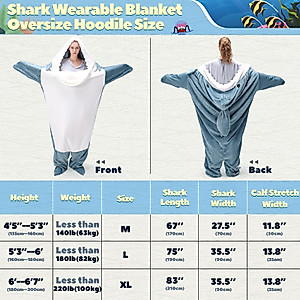 Touchat Shark Blanket for Adult Super Soft Cozy Flannel Throw Wearable Blanket, Cartoon Animals Shark Blanket Hoodie, Sleeping Bag Cosplay Shark Costume Blanket Gifts for Shark Lovers (Blue, XL)