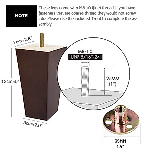 La Vane 5 inch Wooden Furniture Legs, Set of 4 Solid Wood Square Walnut Mid-Century Modern M8 Replacement Bun Feet with Pre-Drilled 5/16 Inch Bolt & Mounting Plate & Screws for Couch Sofa Armchair