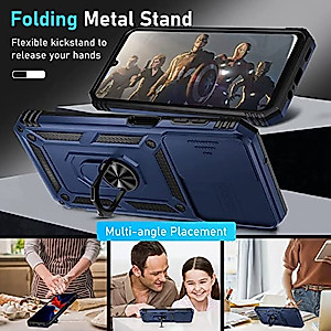Janmitta Samsung Galaxy A14 5G Case Built in Slide Camera Lens Cover and Screen Protector,Heavy Duty Shockproof Full Body Protective Phone Cover,Built in Finger Ring Stable Holder Kickstand,2023 Blue