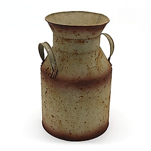 CVHOMEDECO. Farmhouse Galvanized Metal Milk Can, Old Rustic Primitives Jug Vase for Home and Garden Décor. Grey