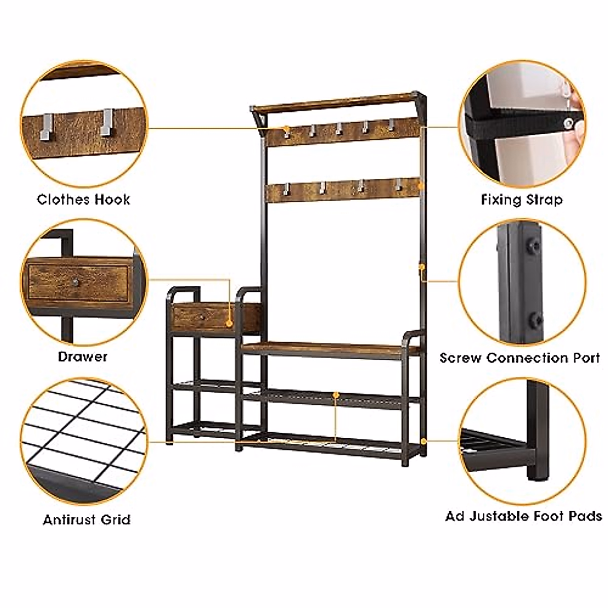 JUNZYOUY 5 in 1 Entryway Coat Rack Shoe Bench，Hall Tree with Bench, Entryway Bench with Coat Rack, with Shoe Rack, Storage Drawer, 9 Hooks, Coat Rack with Bench, Rustic Brown.