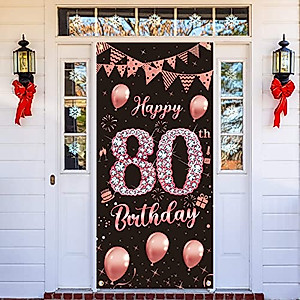 Happy 80th Birthday Door Banner Decorations for Women - Rose Gold 80th Birthday Party Door Cover Backdrop Supplies - 80 Year Old Birthday Door Banner Photo Booth Background