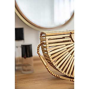 RULER TRUTH Handwoven Bamboo Bag Natural Shoulder Bag with Leather Straps Women's Handmade Straw Purse