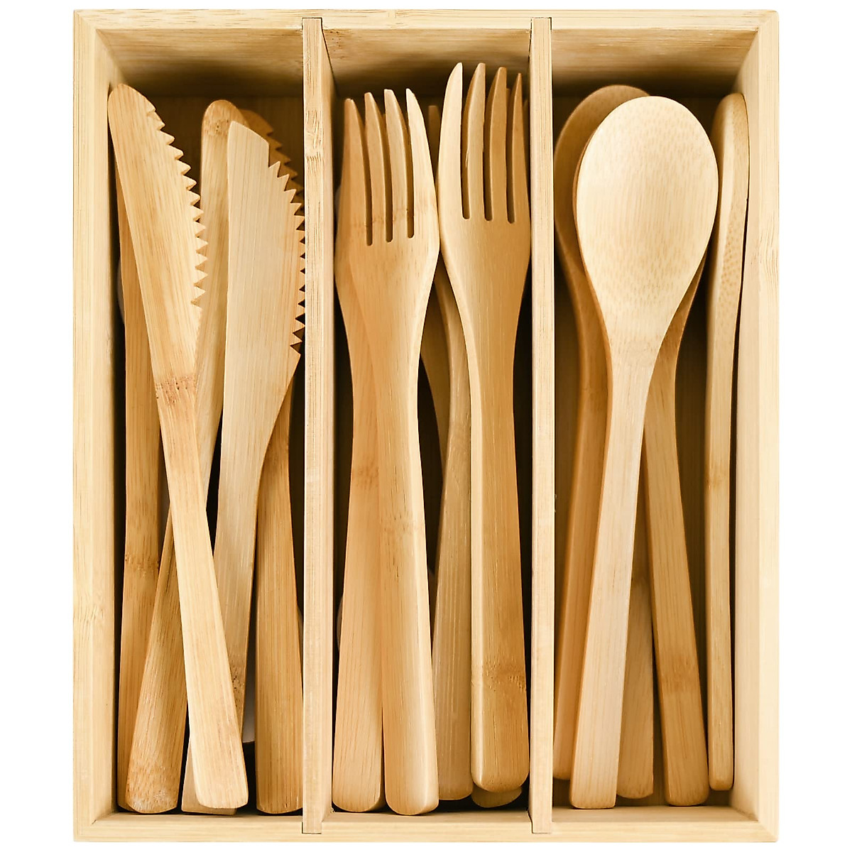 Bamboo Cutlery Reusable with Silverware Organizer, 16Pcs Bamboo Flatware Set with Bamboo Forks Spoons Knives, Reusable Bamboo Cutlery with Portable Storage Case for Home and Travel Camping Hiking